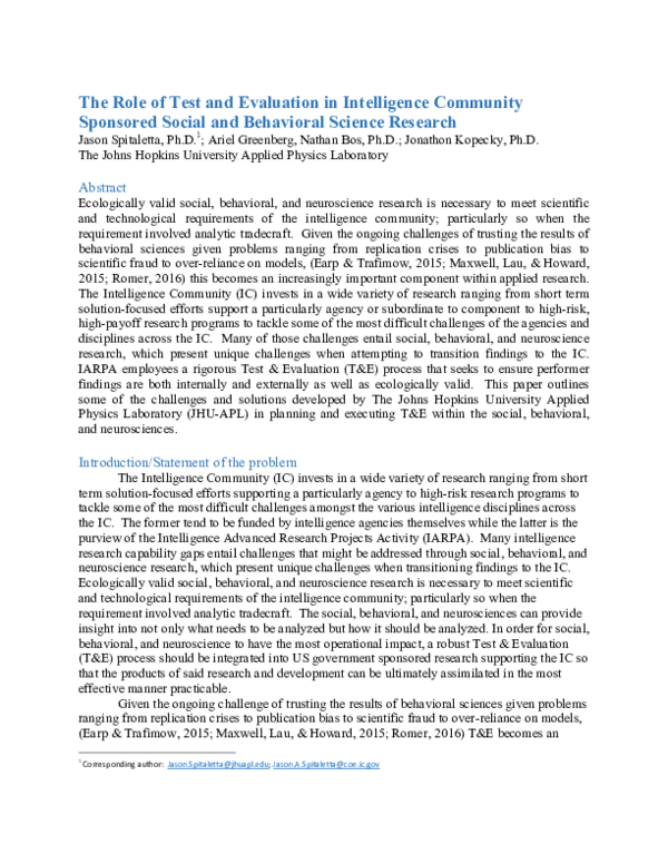 (PDF) The Role of Test and Evaluation in Intelligence Community ...