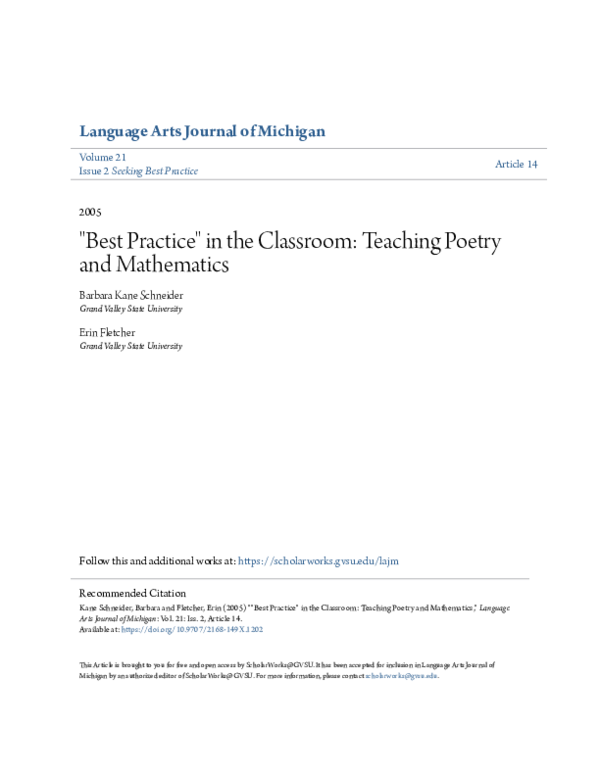 (PDF) Best Practice" in the Classroom: Teaching Poetry and Mathematics