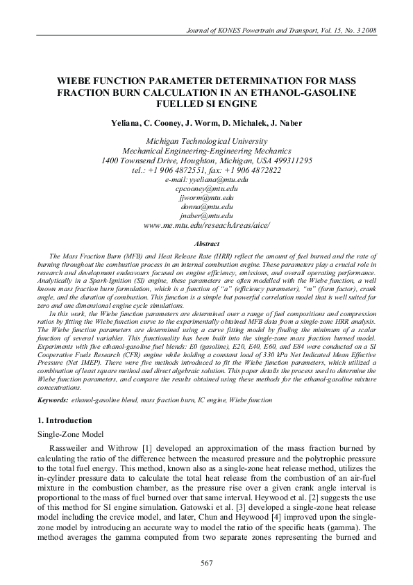 (PDF) Wiebe function parameter determination for mass fraction burn ...