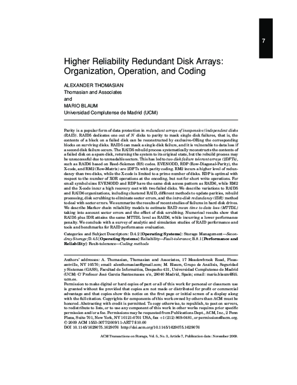 (PDF) Higher reliability redundant disk arrays