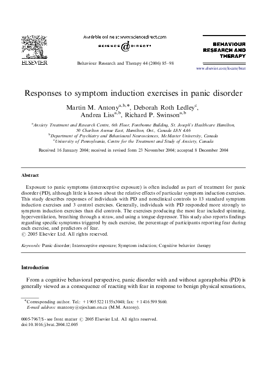 (PDF) Responses to symptom induction exercises in panic disorder