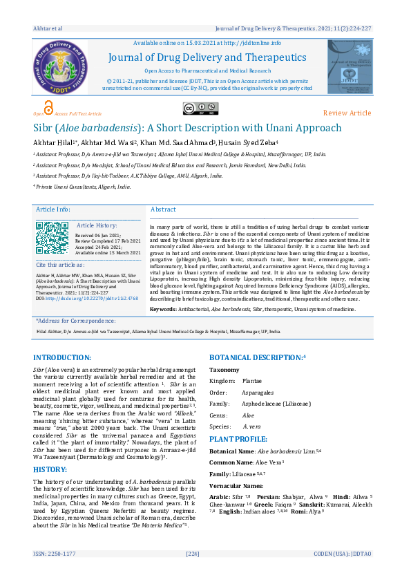 (PDF) Sibr (Aloe barbadensis): A Short Description with Unani Approach