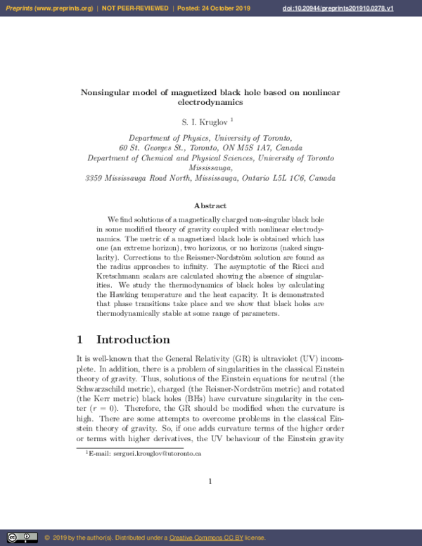 (PDF) Nonsingular Model of Magnetized Black Hole Based on Nonlinear Electrodynamics