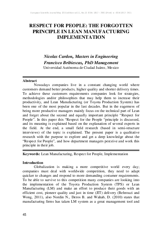 (PDF) Respect for People: The Forgotten Principle in Lean Manufacturing ...