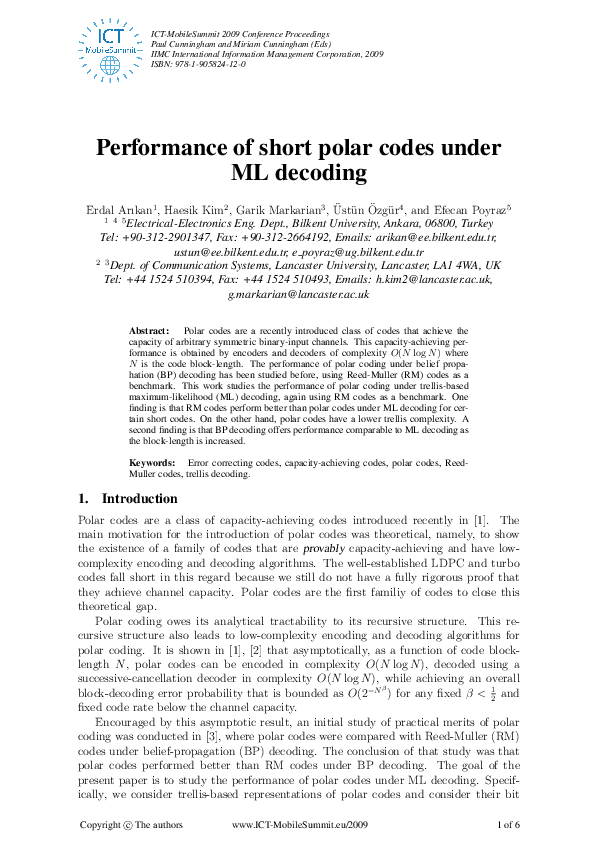 (PDF) Performance of short polar codes under ML decoding