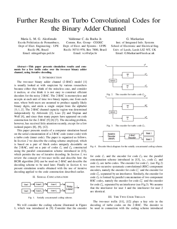 (PDF) Further results on turbo convolutional codes for the binary adder channel