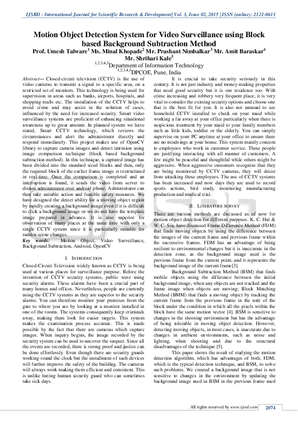 Pdf Motion Object Detection System For Video Surveillance Using Block Based Background