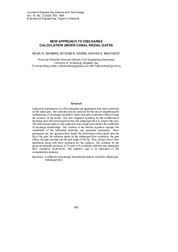 Pdf New Approach To Discharge Calculation Under Canal Radial Gates