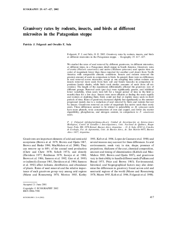 (PDF) Granivory rates by rodents, insects, and birds at different ...
