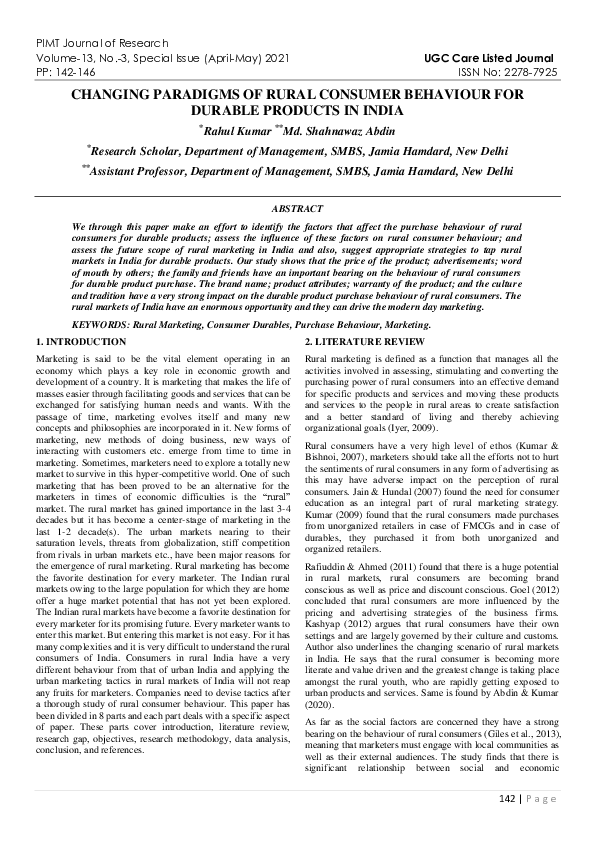 (PDF) CHANGING PARADIGMS OF RURAL CONSUMER BEHAVIOUR FOR DURABLE ...