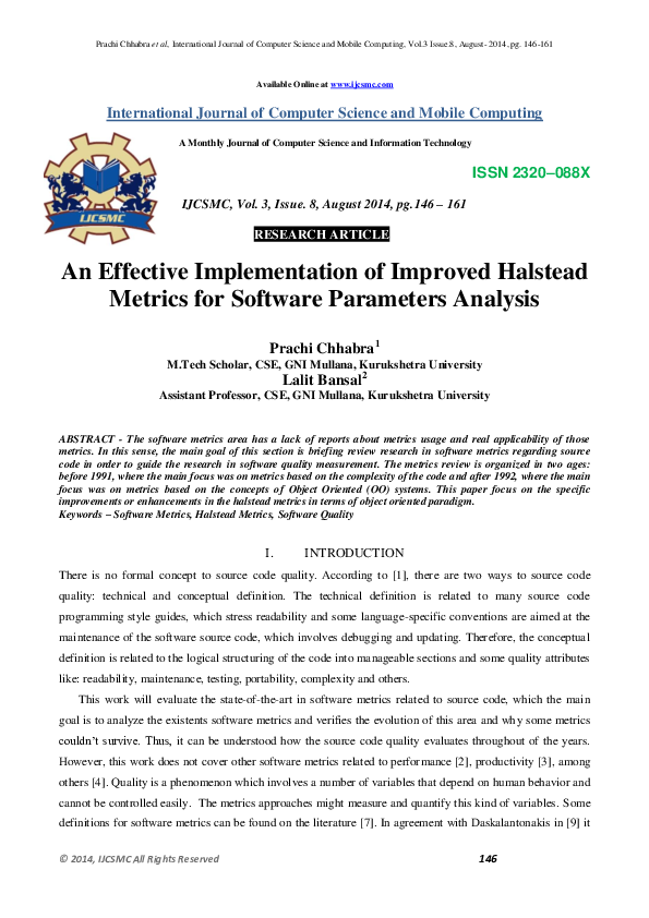 Pdf An Effective Implementation Of Improved Halstead Metrics For Software Parameters Analysis