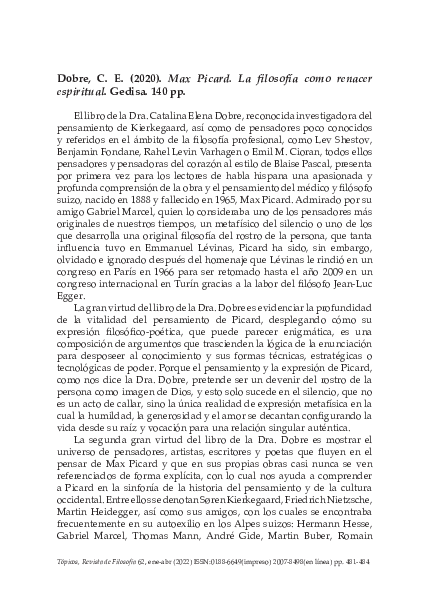 (PDF) Reseña: Dobre, C. E. (2020). Max Picard. La filosofía como ...