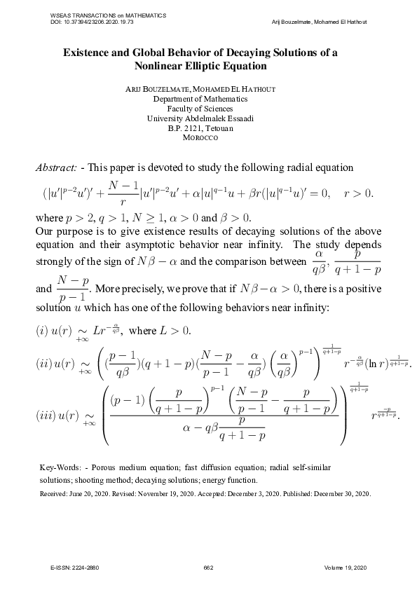 (PDF) Existence and Global Behavior of Decaying Solutions of a Nonlinear Elliptic Equation