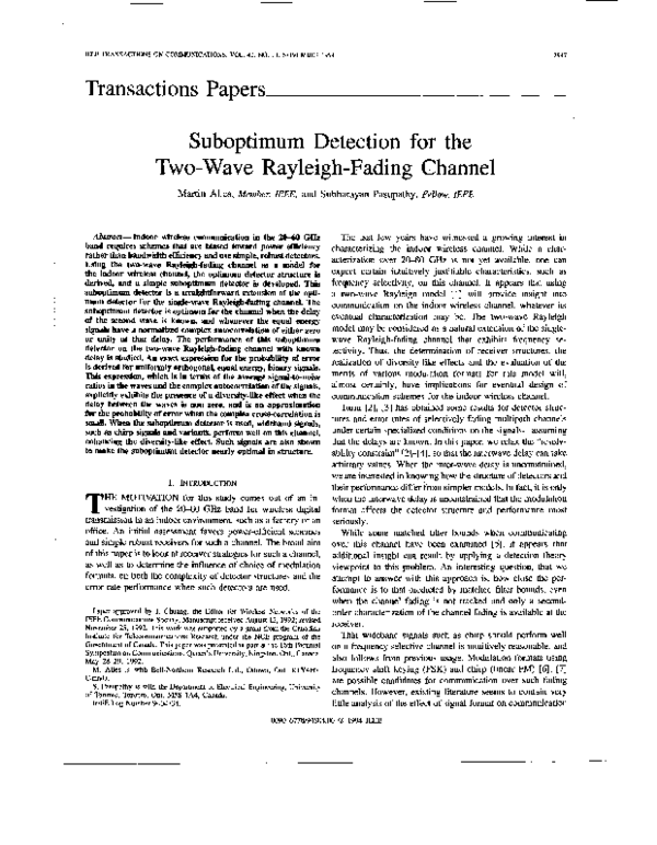 (PDF) Suboptimum detection for the two-wave Rayleigh-fading channel