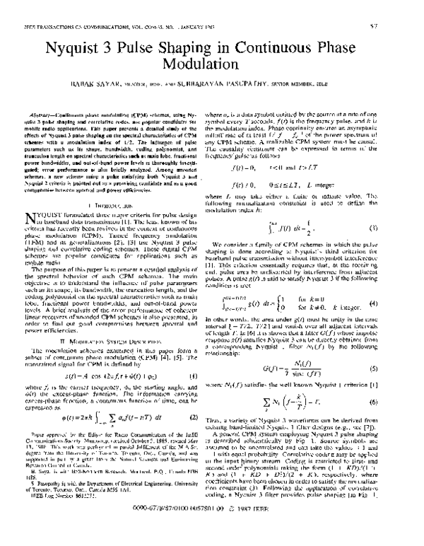 (PDF) Nyquist 3 Pulse Shaping in Continuous Phase Modulation | P. Pasupathy - Academia.edu