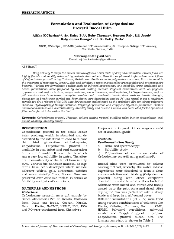 Pdf Formulation And Evaluation Of Cefpodoxime Proxetil Buccal Film
