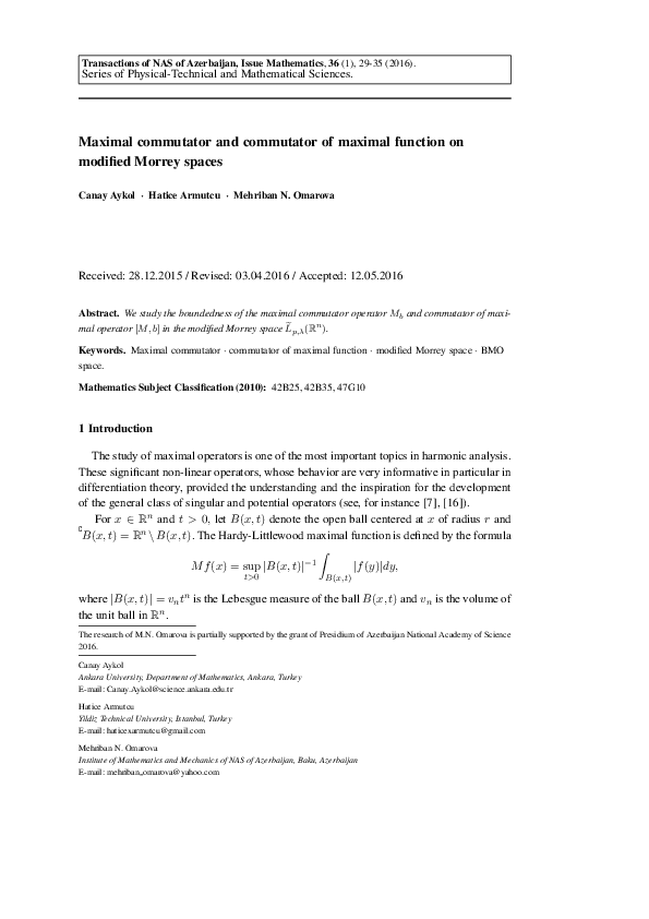 (PDF) Maximal commutator and commutator of maximal function on modified Morrey spaces