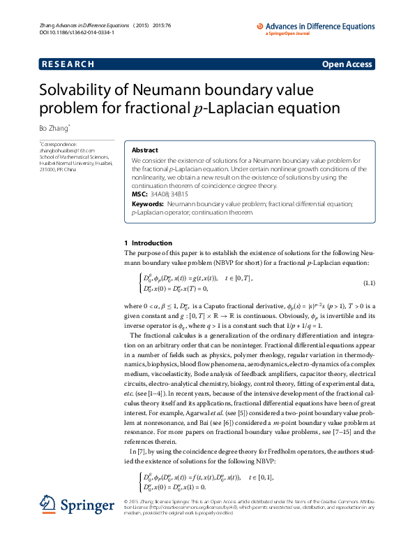 (PDF) Solvability of Neumann boundary value problem for fractional p-Laplacian equation