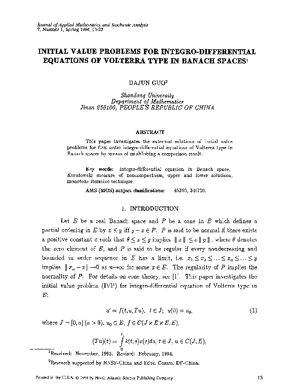 (PDF) Initial value problems for integro-differential equations of Volterra type in Banach ...
