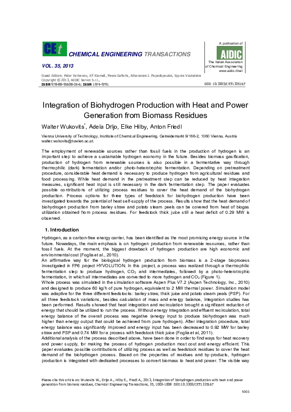 (PDF) Integration of Biohydrogen Production with Heat and Power Generation from Biomass Residues