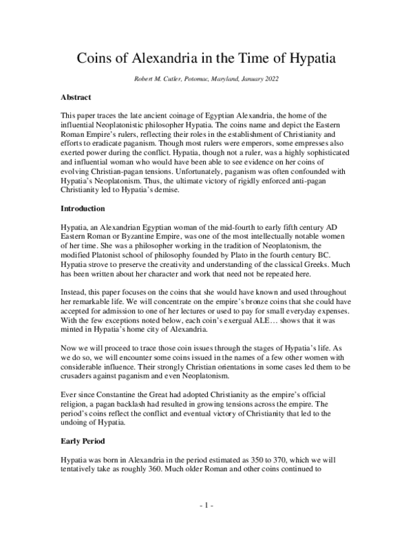 (PDF) Coins of Alexandria in the Time of Hypatia
