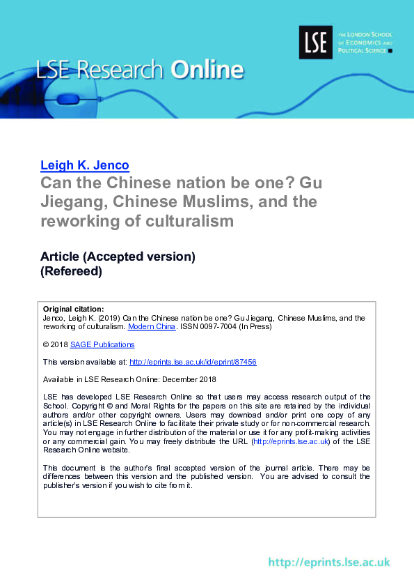 (PDF) Can the Chinese Nation Be One? Gu Jiegang, Chinese Muslims, and ...