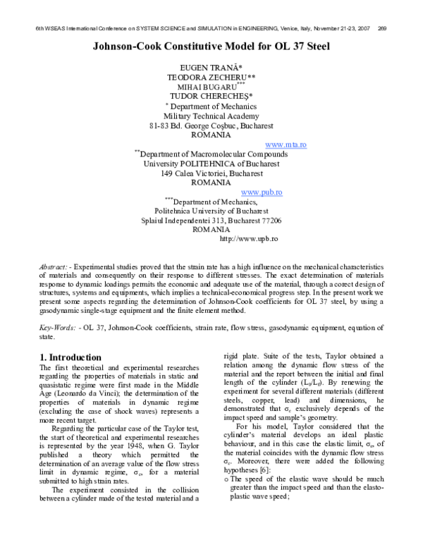 (PDF) Johnson-Cook constitutive model for OL 37 steel