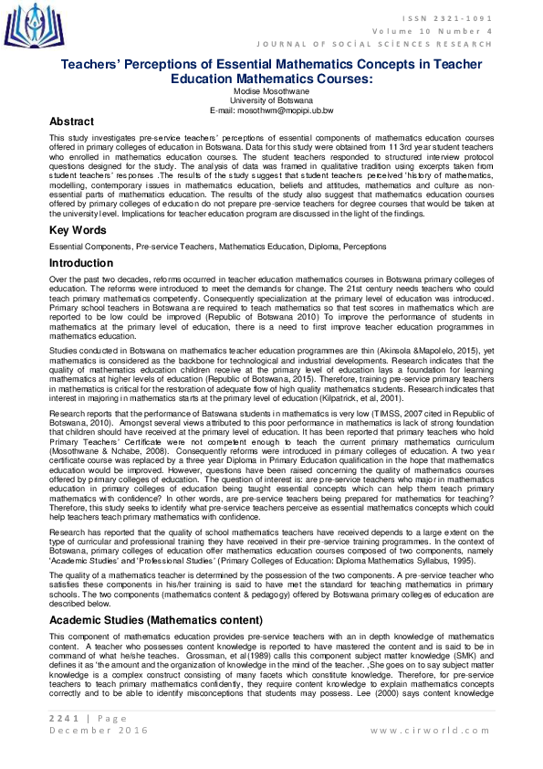 (PDF) Teachersâ€™ Perceptions of Essential Mathematics Concepts in ...