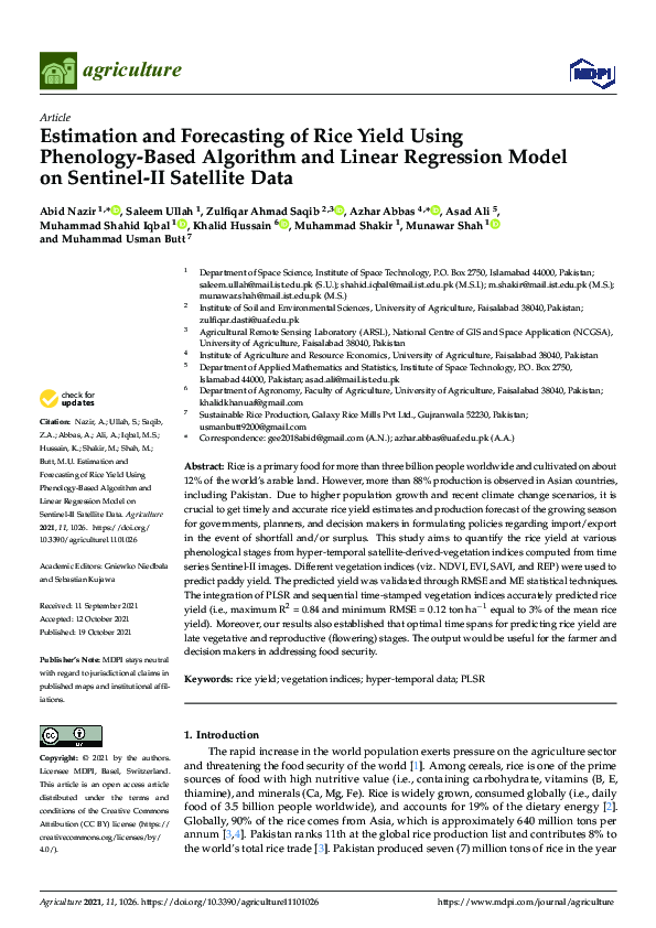 Pdf Estimation And Forecasting Of Rice Yield Using Phenology Based Algorithm And Linear