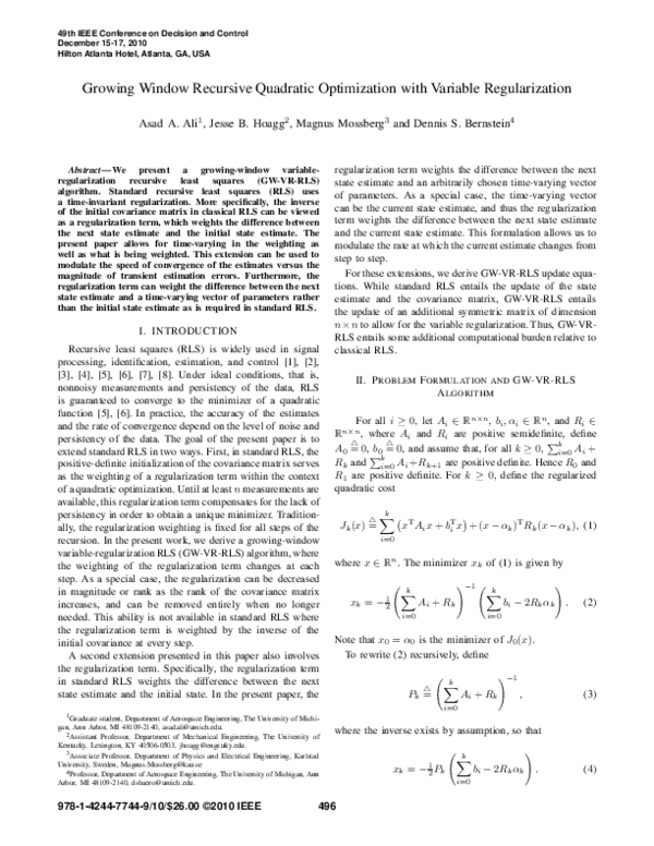 Pdf Sliding Window Recursive Quadratic Optimization With Variable