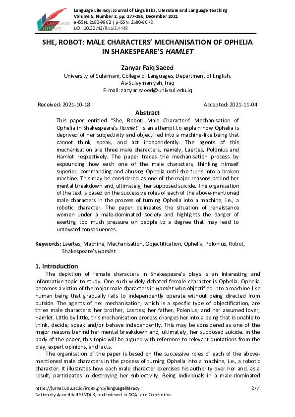 (PDF) She, Robot: Male Characters’ Mechanisation of Ophelia in ...