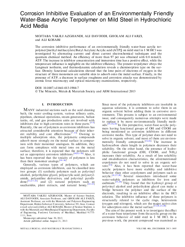 (PDF) Corrosion Inhibitive Evaluation of an Environmentally Friendly ...