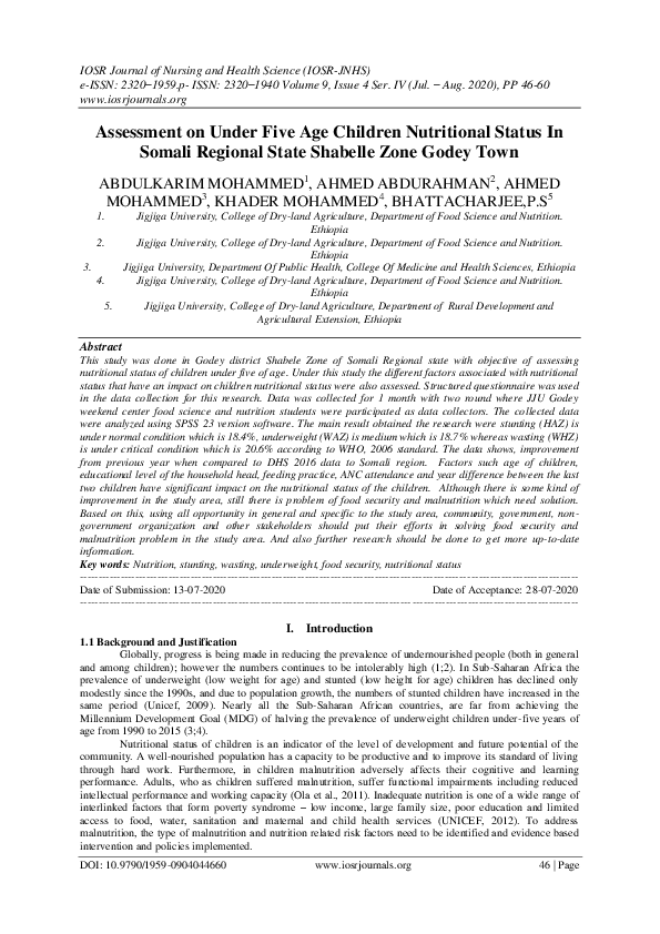 (PDF) Assessment on Under Five Age Children Nutritional Status In ...