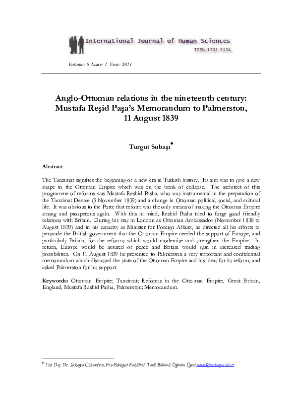 (PDF) Anglo-Ottoman relatıons in the nıneteenth century: Mustafa Reşid ...