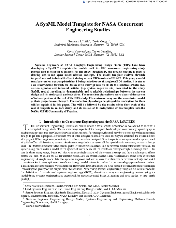 (PDF) A SysML Model Template for NASA Concurrent Engineering Studies