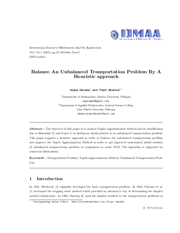 (PDF) Balance An Unbalanced Transportation Problem By A Heuristic approach