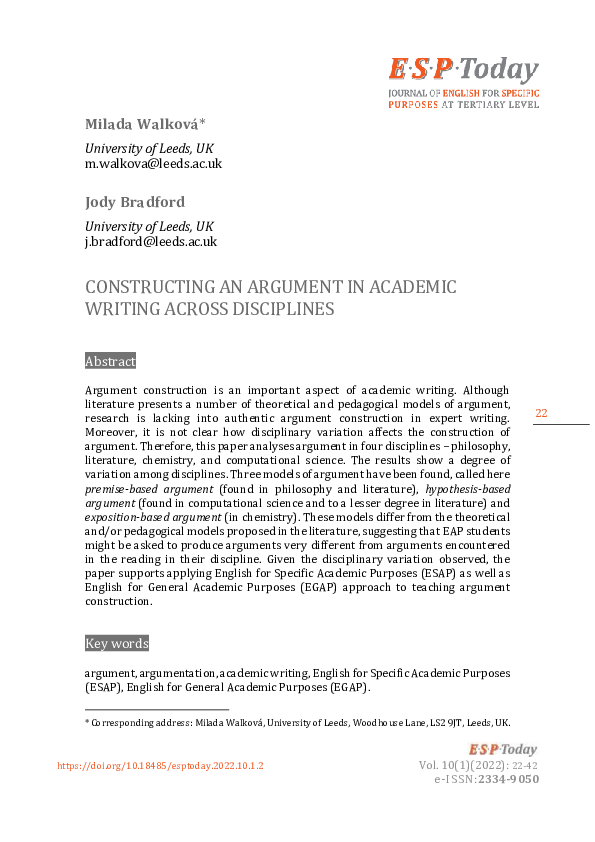 (PDF) Constructing an Argument in Academic Writing Across Disciplines