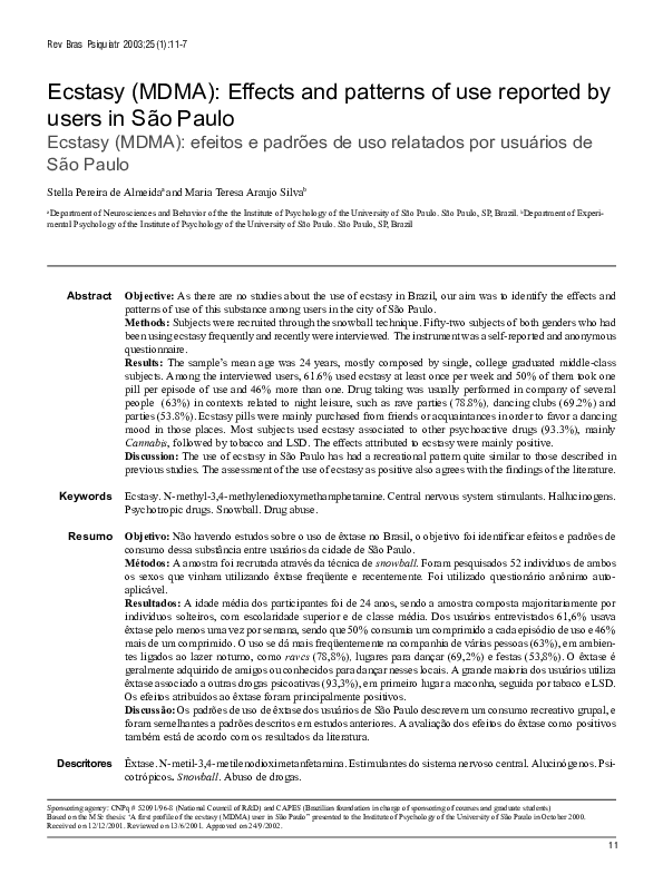(PDF) Ecstasy (MDMA): Effects and Patterns of Use Reported by Users In ...