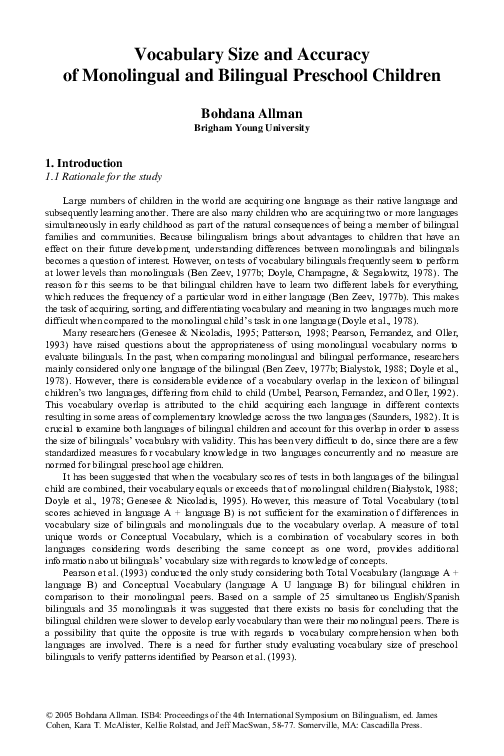 (PDF) Vocabulary size and accuracy of monolingual and bilingual preschool children