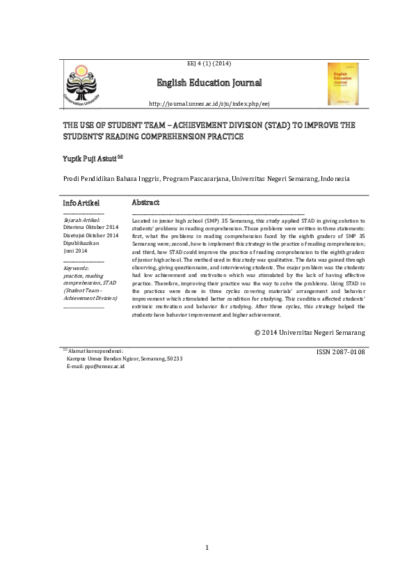 (PDF) The Use of Student Team – Achievement Division (Stad) to Improve the Students’ Reading ...