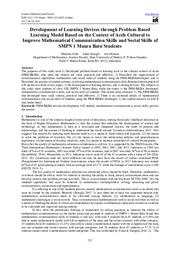 (PDF) Development of Learning Devices through Problem Based Learning Model Based on the Context ...