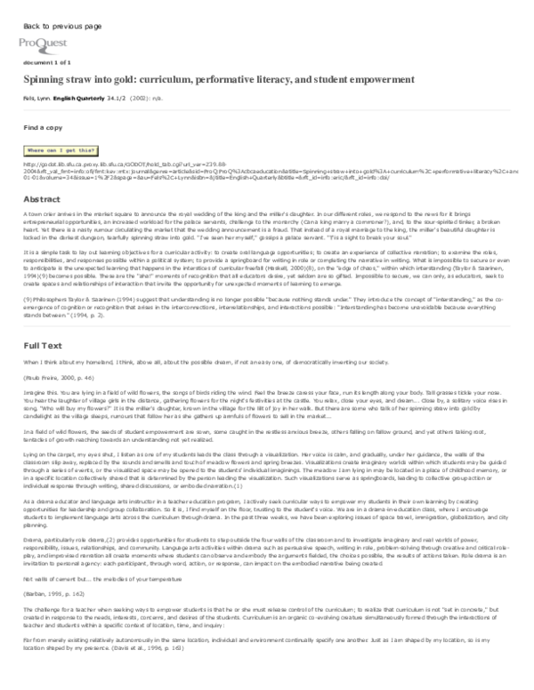 (PDF) Spinning Straw into Gold: Curriculum, Performative Literacy, and ...