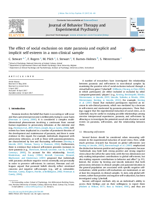 (PDF) The effect of social exclusion on state paranoia and explicit and implicit self-esteem in ...
