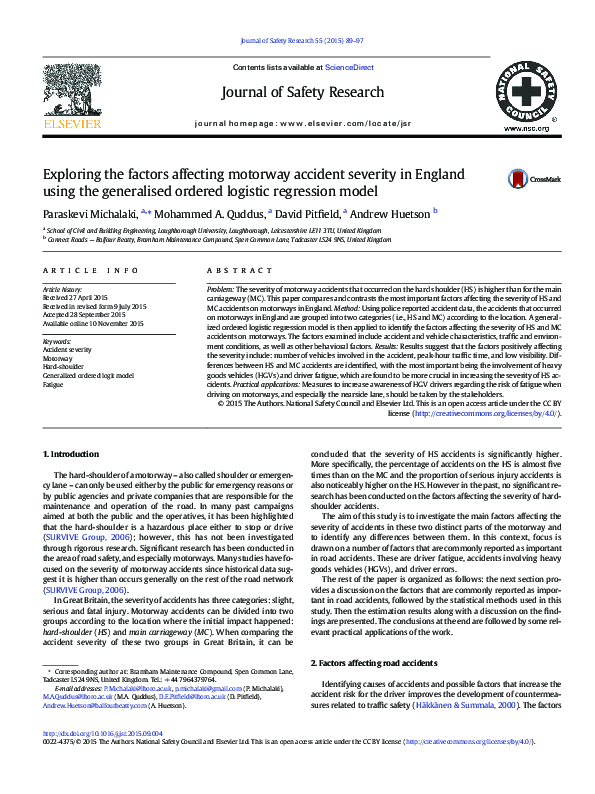 Pdf Exploring Factors Affecting Motorway Accident Severity Using Generalized Ordered Logistic