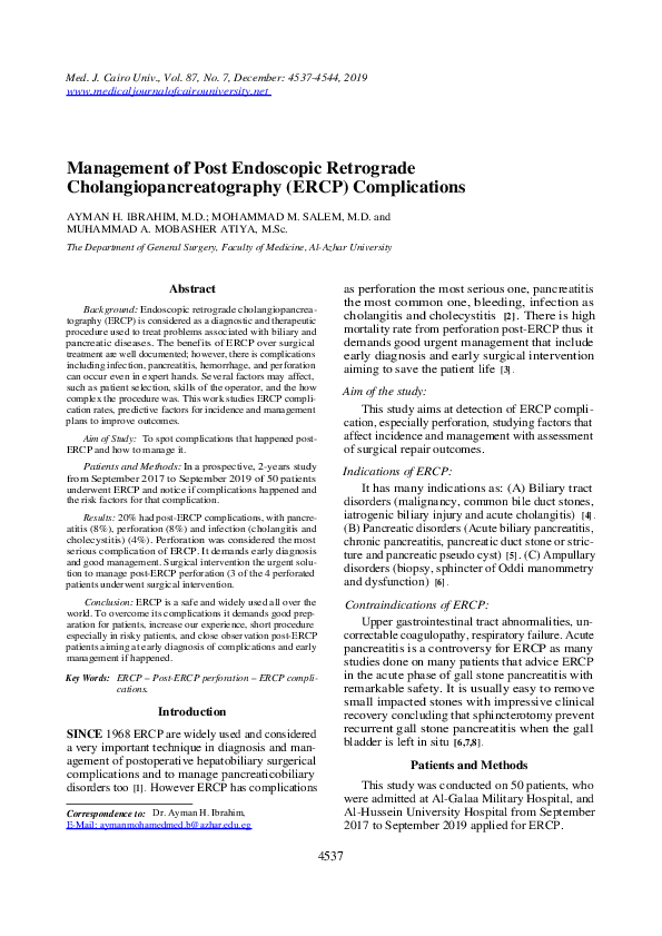 (PDF) Management of Post Endoscopic Retrograde Cholangiopancreatography ...