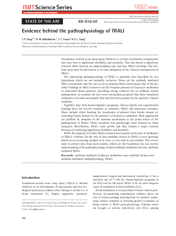 (PDF) Evidence behind the pathophysiology of TRALI