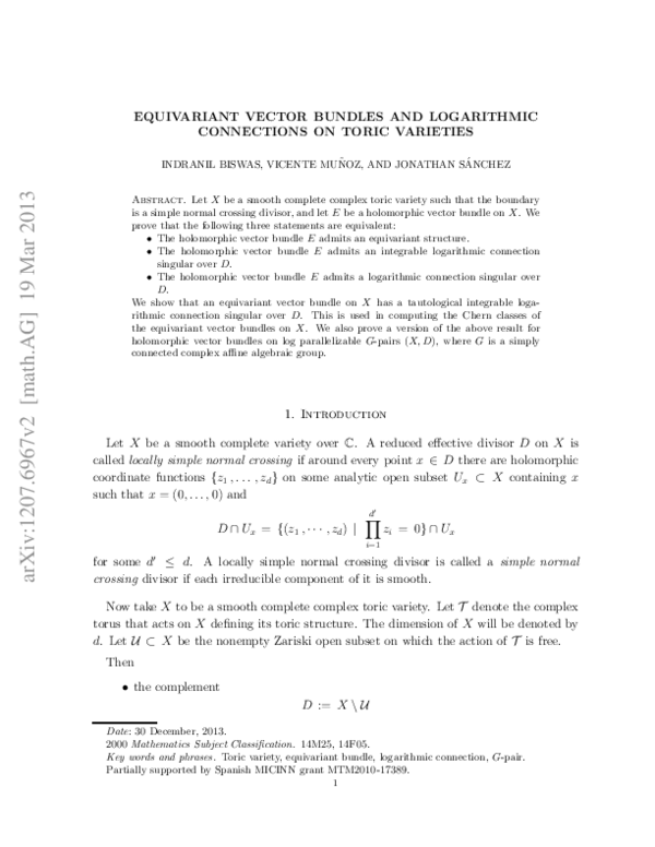(PDF) Equivariant vector bundles and logarithmic connections on toric ...