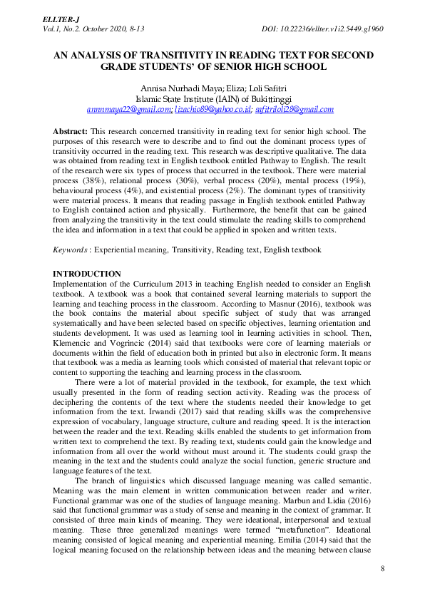 (PDF) An Analysis of Transitivity in Reading Text for Second Grade ...