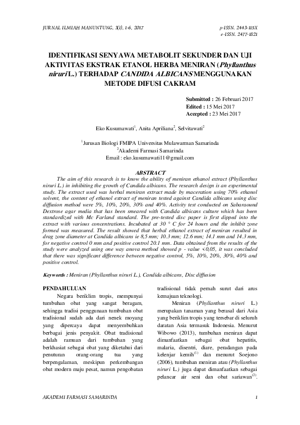 (PDF) IDENTIFIKASI SENYAWA METABOLIT SEKUNDER DAN UJI AKTIVITAS EKSTRAK ...