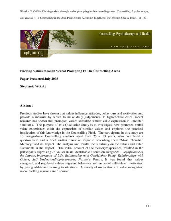 (PDF) Eliciting Values through Verbal Prompting In The Counselling Arena